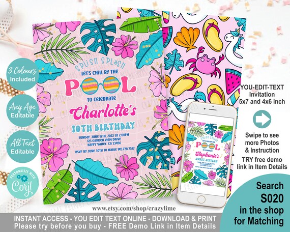 Tropical Pool Party Birthday Invitation. Editable Summer Girl - Etsy