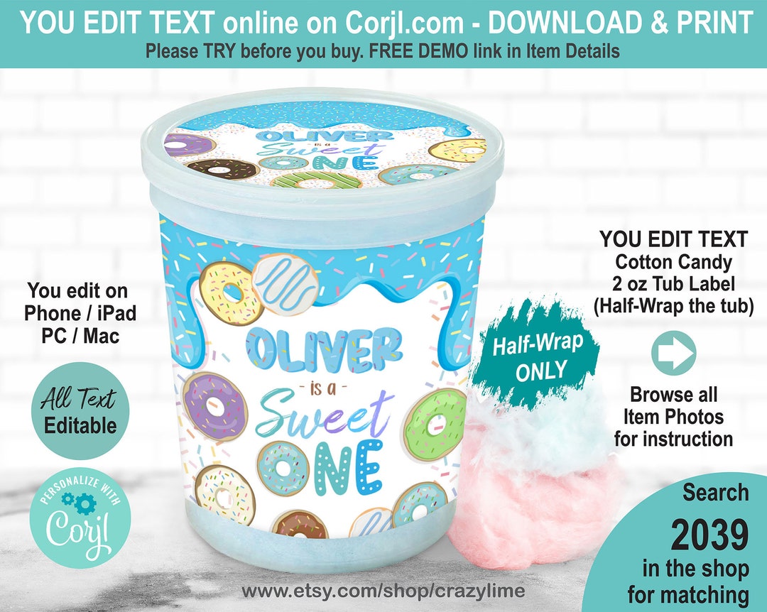EDITABLE Blue Donut Sweet One Cotton Candy 2 Oz Tub Label half-wrap ...