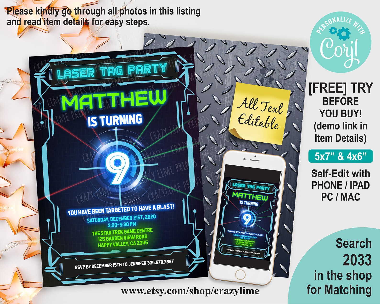 EDITABLE Laser Tag Birthday Invitation Template. Personalised - Etsy