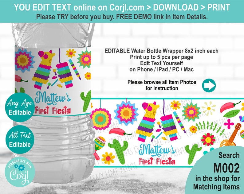 EDITABLE Fiesta 1st Birthday Party Water Bottle Label - Etsy