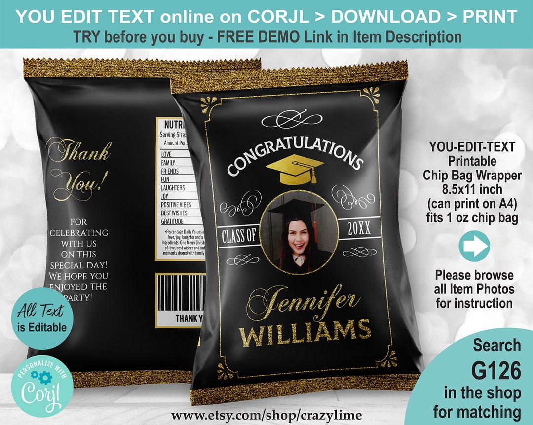 EDITABLE Class of 2025 Graduation Chip Bag Wrapper With Photo. Black ...