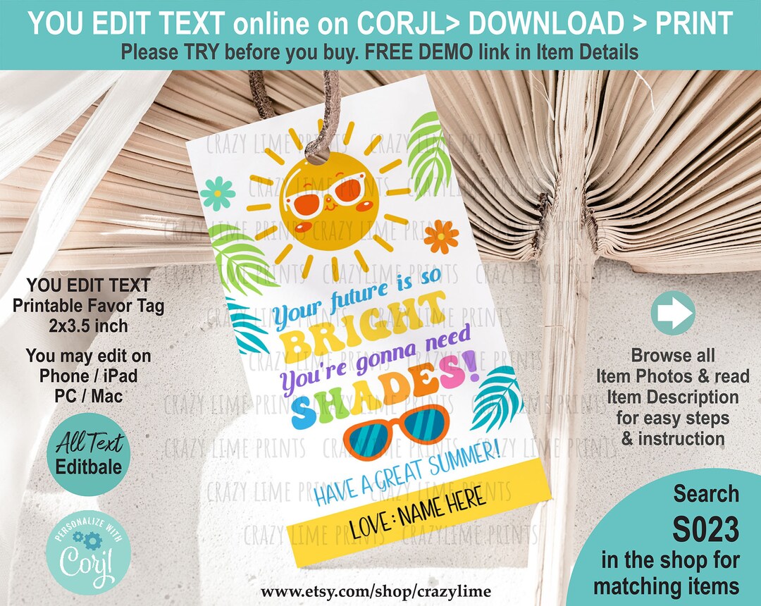 EDITABLE Sunglasses Gift Tag. End of the Year Classroom - Etsy