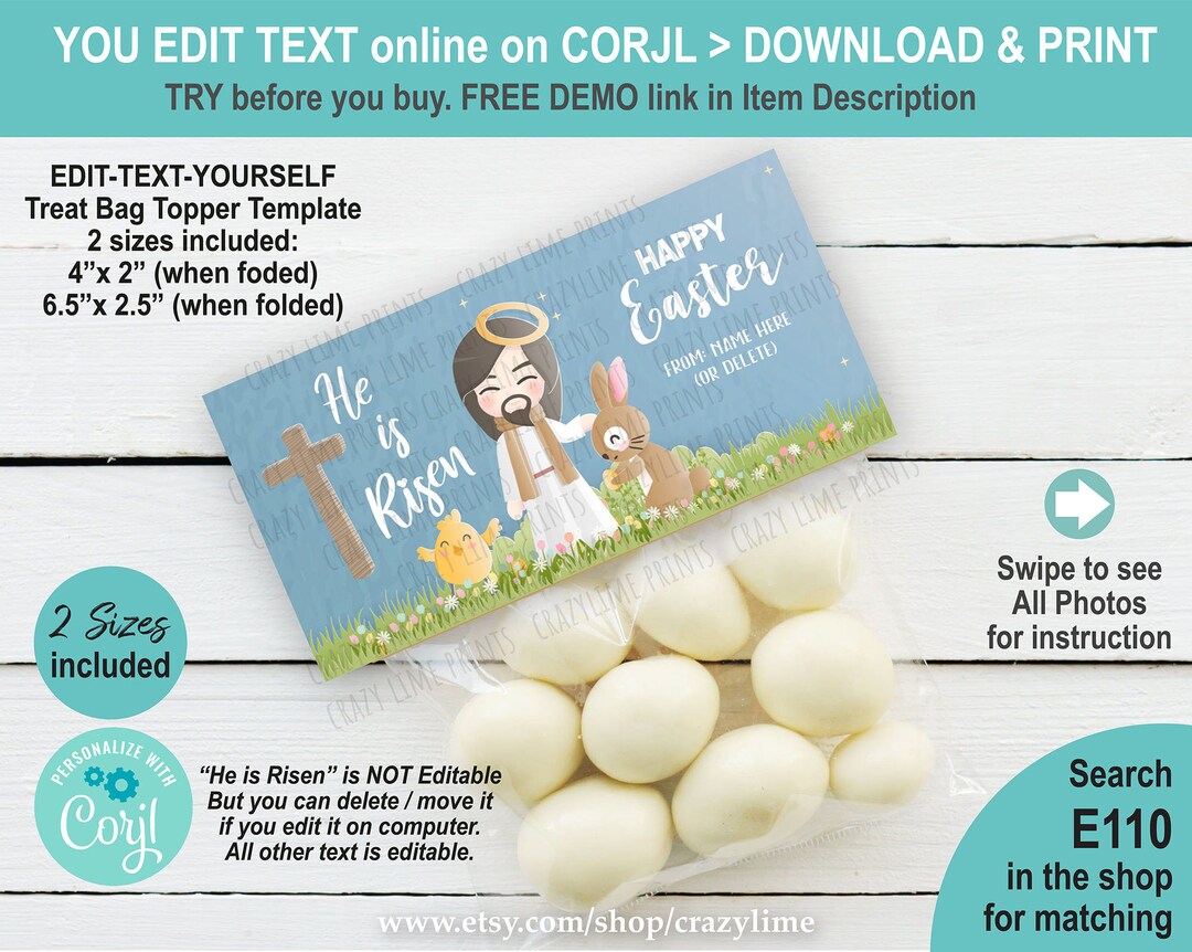 Editable He is Risen Happy Easter Candy Treat Bag Topper. Church ...