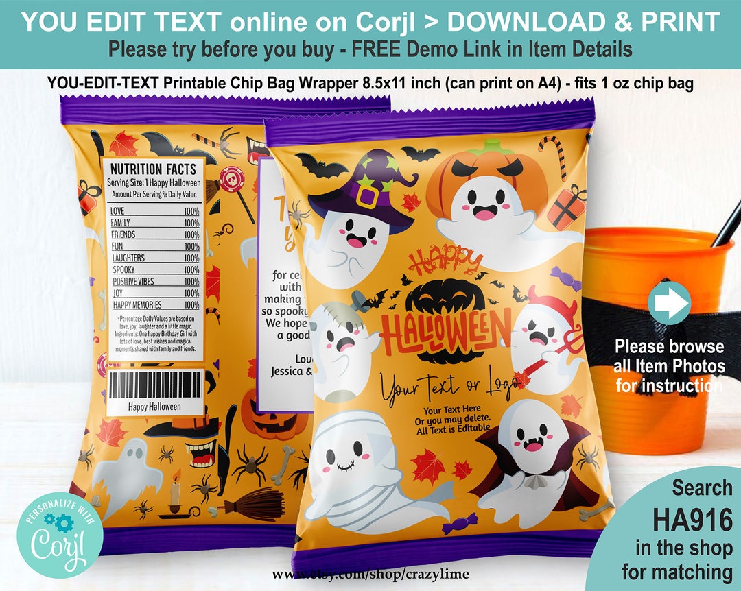 EDITABLE Halloween Chip Bag Wrapper Template. Printable Cute Little ...