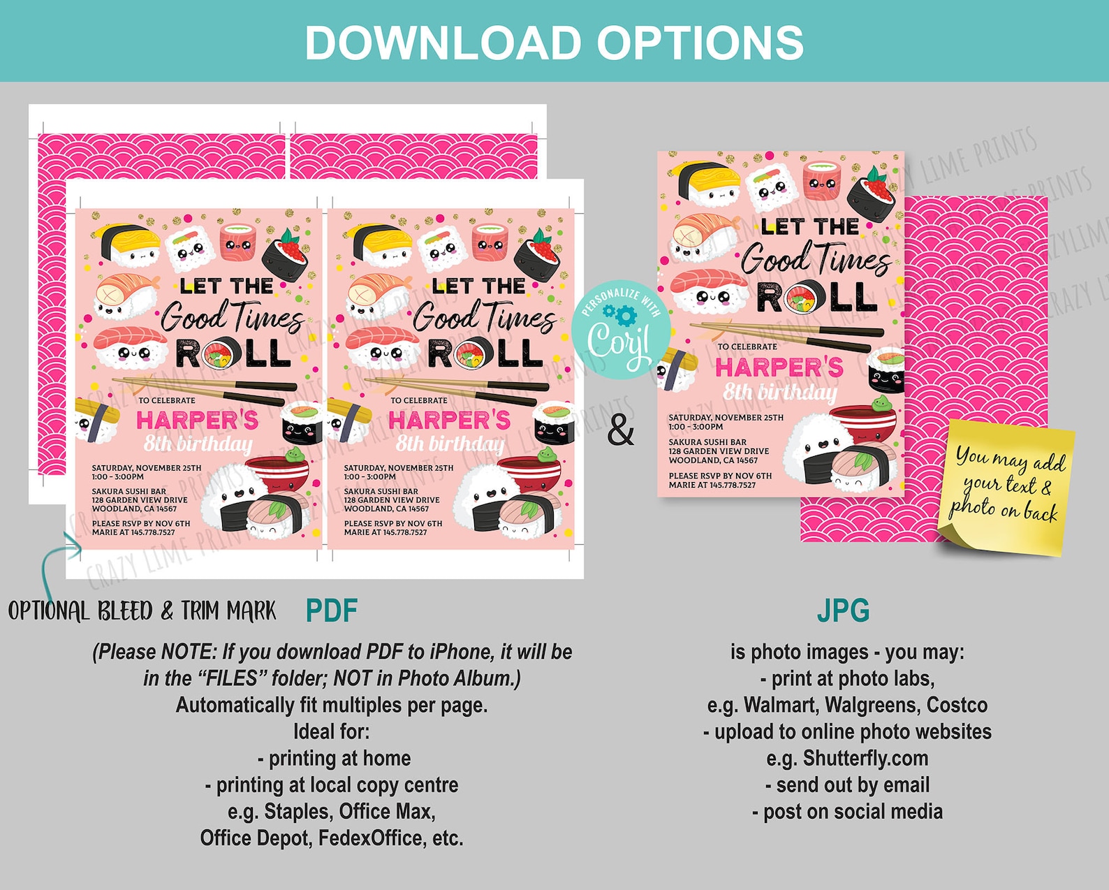 EDITABLE Sushi Party Invitation. Kids Girl Birthday Party Invite ...