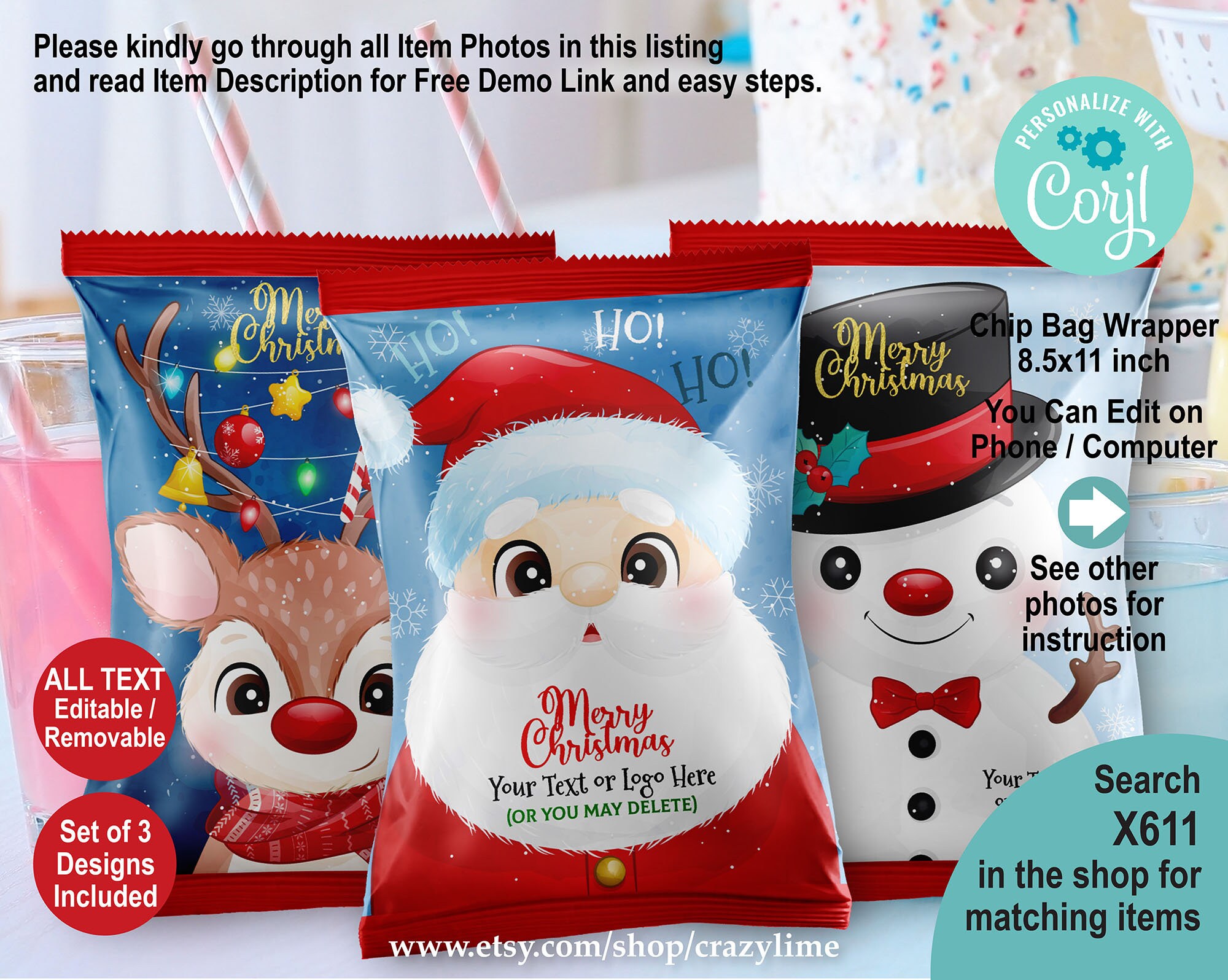 EDITABLE Christmas Chip Bag Wrapper Template Set of 3. Personalised ...