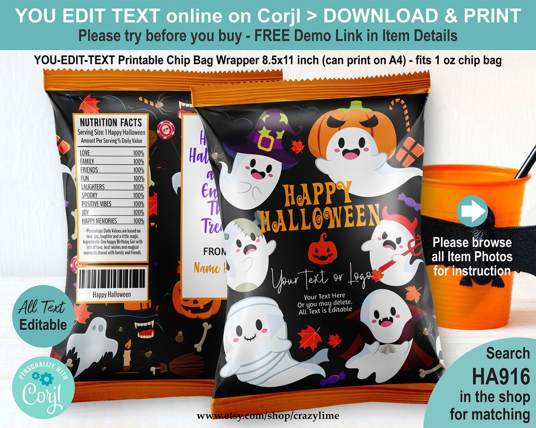 EDITABLE Halloween Chip Bag Wrapper Template. Printable Cute Little ...