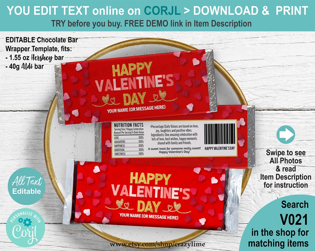 EDITABLE Happy Valentine's Day Chocolate Candy Bar Wrapper Personalised ...