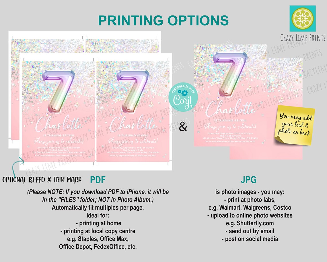 EDITABLE Girl 7th Birthday Invitation Template. Pink Rainbow - Etsy