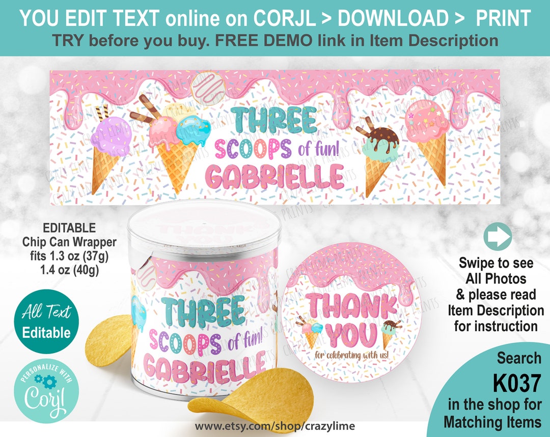 EDITABLE Icecream Party Chip Can Wrapper Digital Template. Ice Cream ...