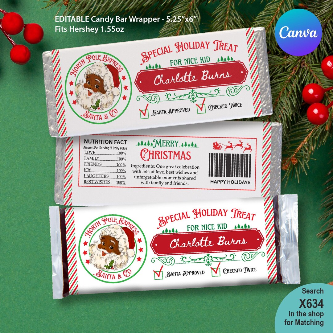EDITABLE Christmas Chocolate Candy Bar Wrapper Personalised Template. 1 ...