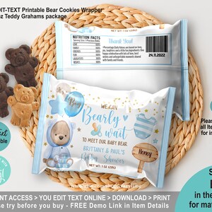 EDITABLE Blue Boy Bear Baby Shower Teddy Cookies Wrapper Template ...