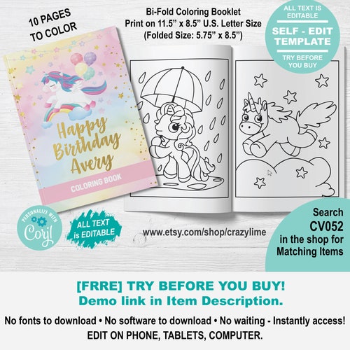 Editable Unicorn Coloring Page Unicorn Birthday Party Activity - Etsy