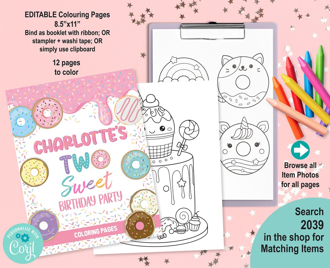 EDITABLE Donut Two Sweet Coloring Pages. 8.5x11 Inch Prints Full Page ...