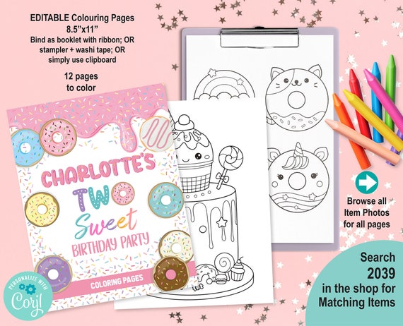 EDITABLE Donut Two Sweet Coloring Pages. 8.5x11 Inch Prints | Etsy