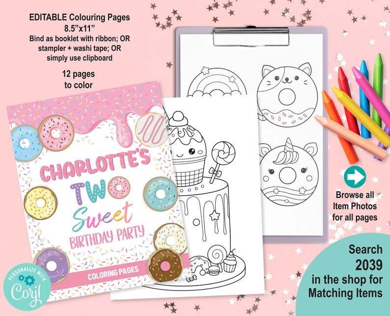 EDITABLE Donut Two Sweet Coloring Pages. 8.5x11 Inch Prints | Etsy