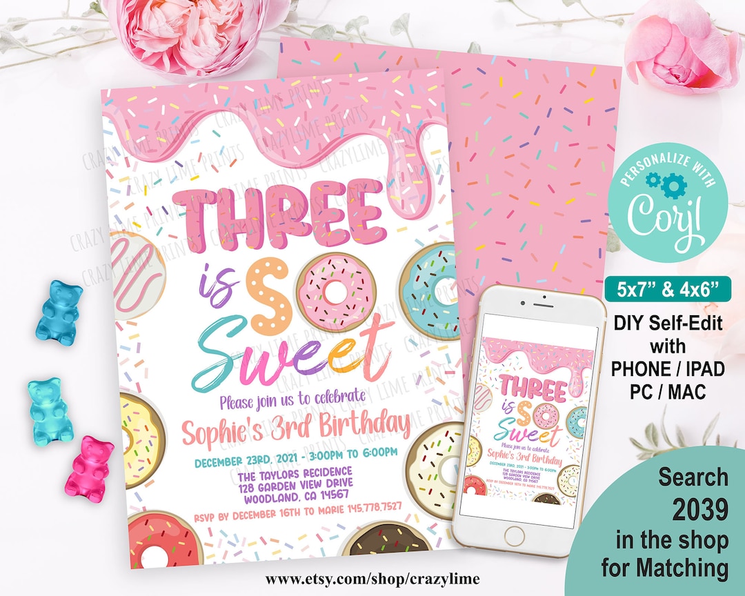 Editable Donut Three is so Sweet Birthday Party Invitation Template ...