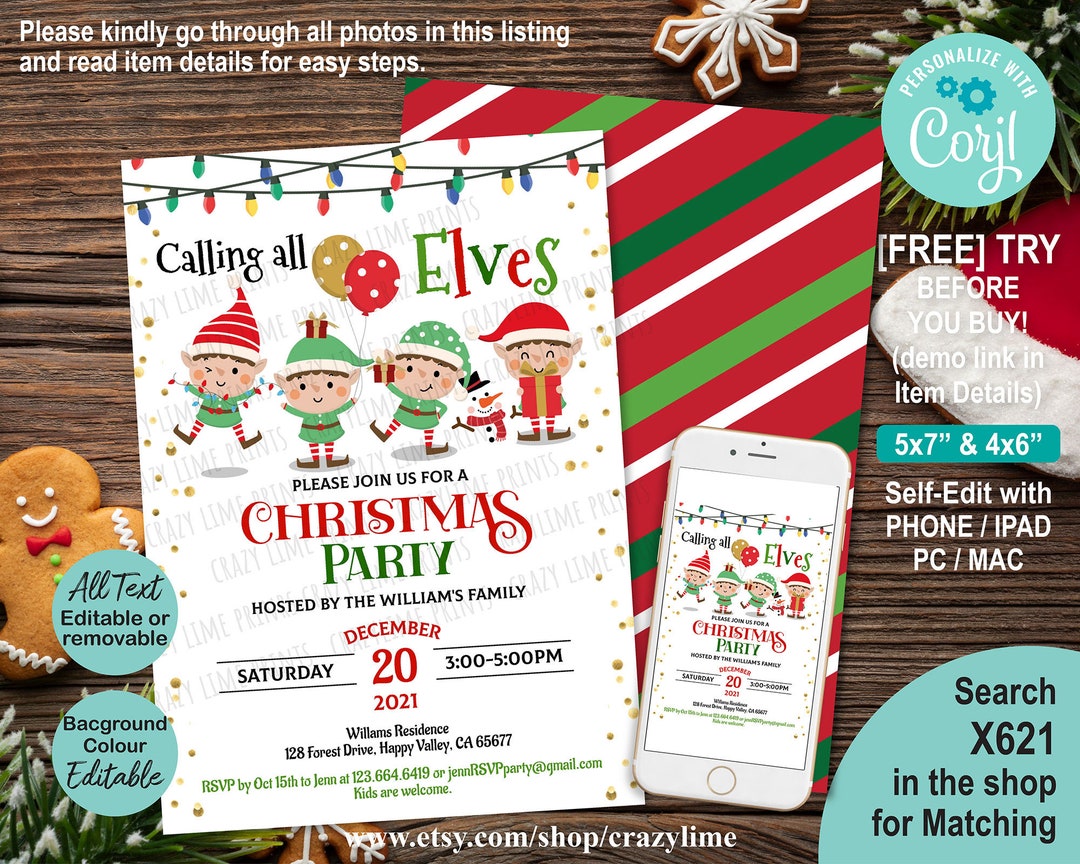 EDITABLE Elf Christmas Party Invitation EDITABLE Template. Cute Kids ...