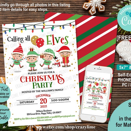 EDITABLE Elf Christmas Party Invitation EDITABLE Template. - Etsy