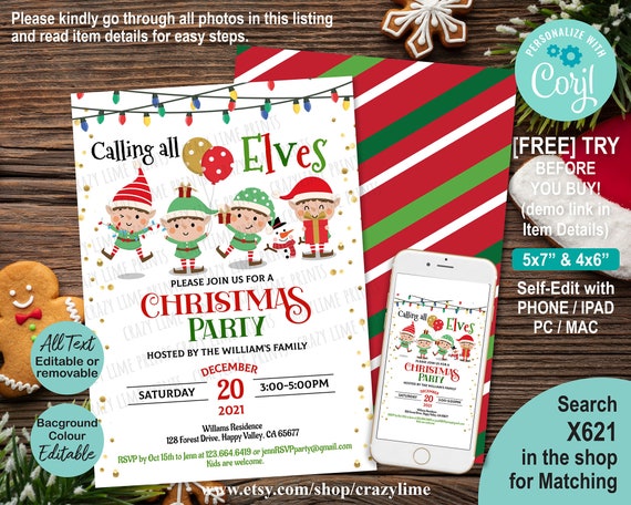 EDITABLE Elf Christmas Party Invitation EDITABLE Template. | Etsy