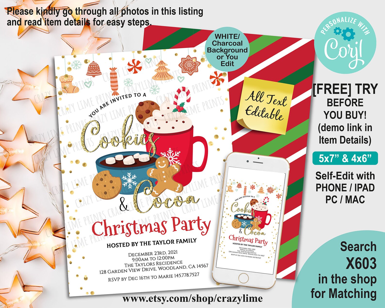 EDITABLE Cookies and Cocoa Christmas Party Invitation Digital | Etsy