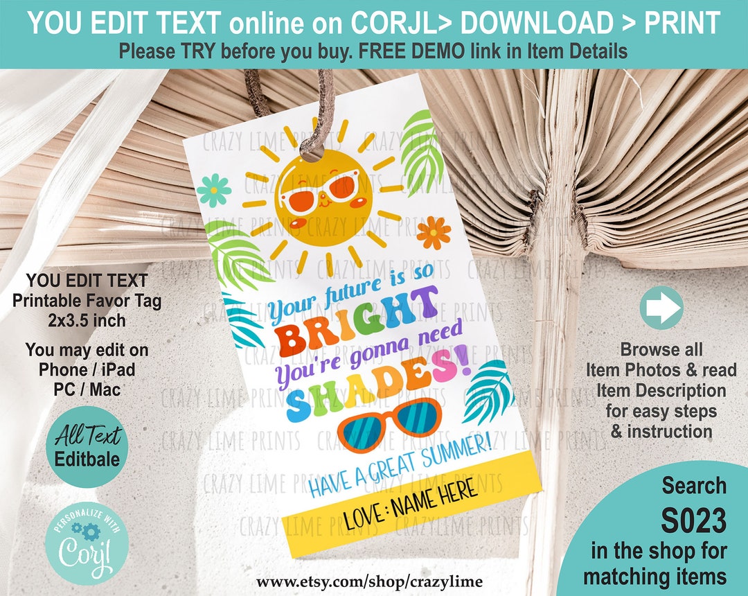 EDITABLE Sunglasses Gift Tag. End of the Year Classroom Graduation ...