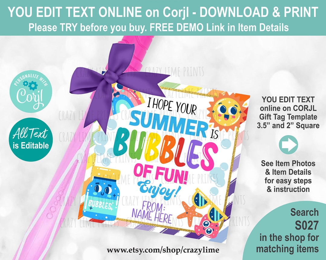 End of School Year Bubble Wand Gift Tag Editable Template. Personalised ...
