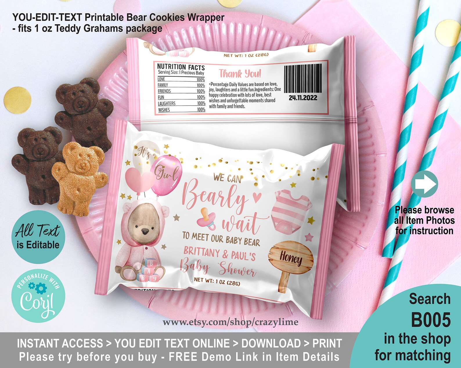 EDITABLE Pink Girl Bear Baby Shower Teddy Cookies Wrapper Template ...