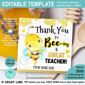 EDITABLE Honey Bee School Teacher Gift Tag Editable Template ...