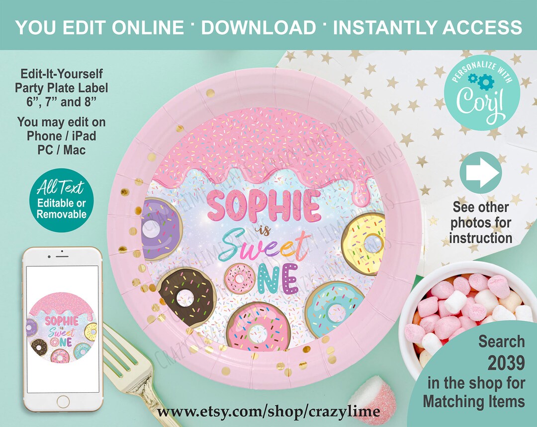 Editable Donut Sweet One Plate Label Template. Printable 1st Birthday ...
