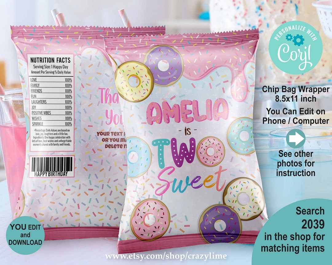 EDITABLE Donut Two Sweet Birthday Chip Bag Wrapper Template ...