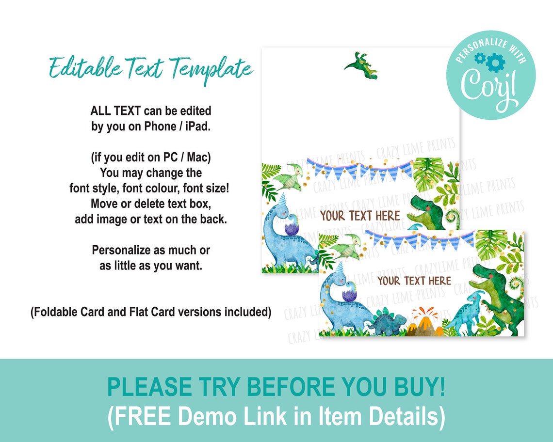 EDITABLE Dinosaur Place Card Template. Printable Cute Dino Food Buffet ...