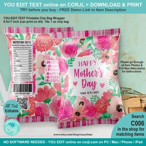 EDITABLE Happy Mother's Day Chip Bag Wrapper Template. Pink Floral Rose ...