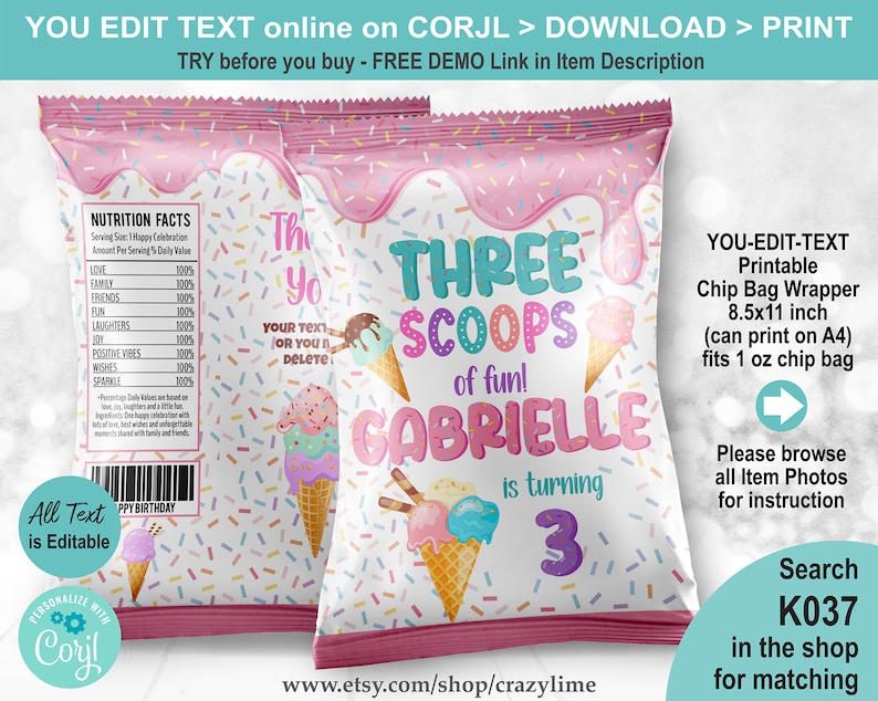 EDITABLE Ice Cream Three Scoops of Fun 3rd Birthday Chip Bag Template ...