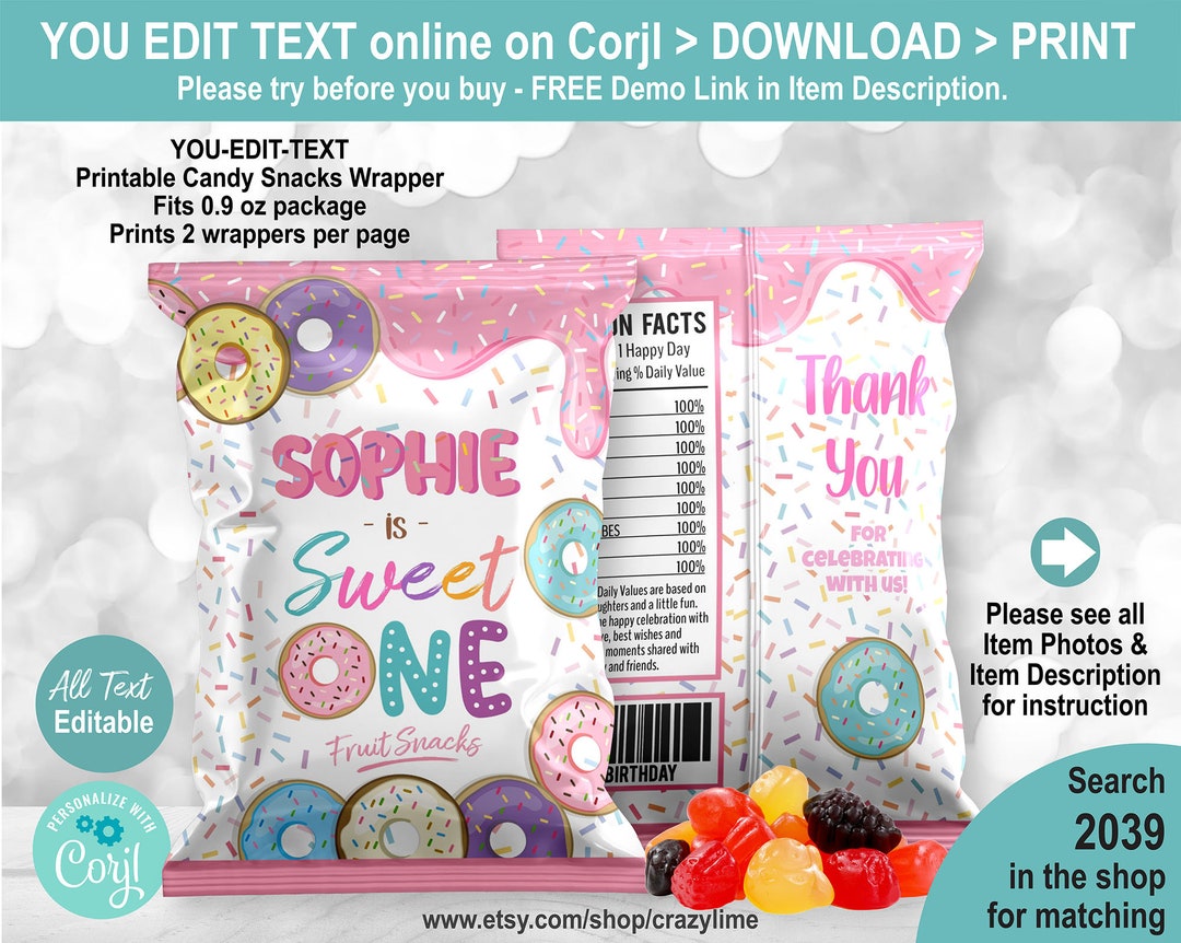EDITABLE Donut Sweet One Fruit Candy Snack Wrapper Template. Pastel ...