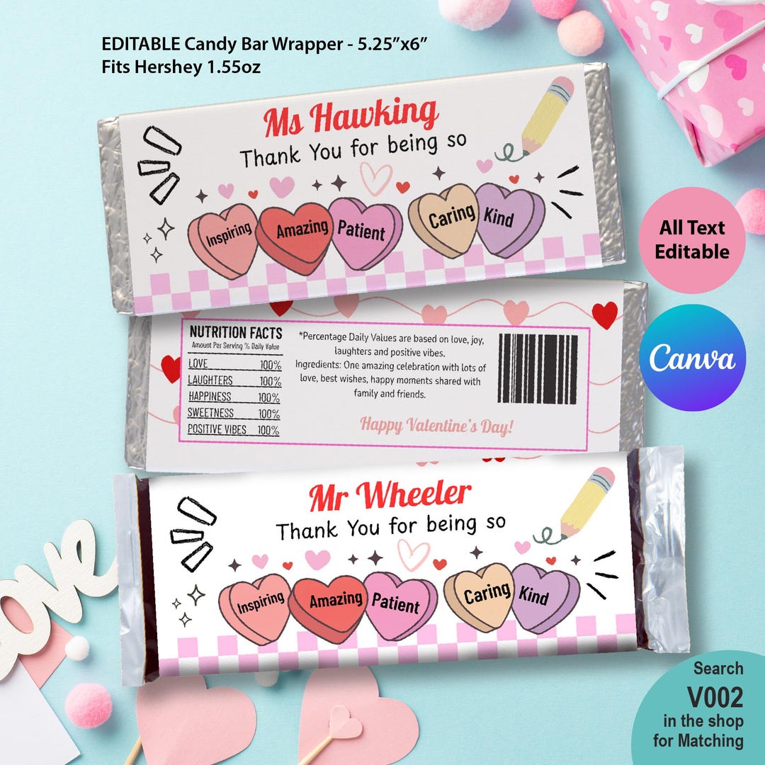 EDITABLE Name Valentines Teacher Chocolate Candy Bar Wrapper ...
