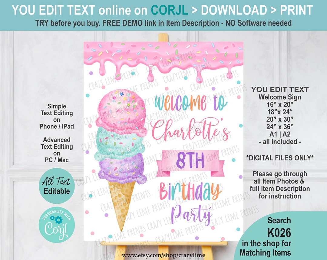 EDITABLE Ice Cream Birthday Party Welcome Sign Template. Any Age. Pink ...