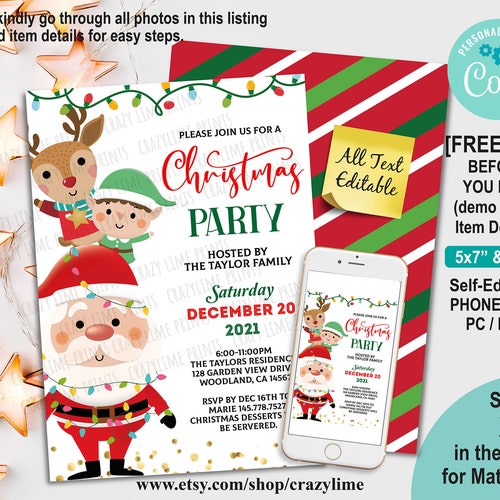 Kids Christmas Party Invitation Editable Template. Digital - Etsy