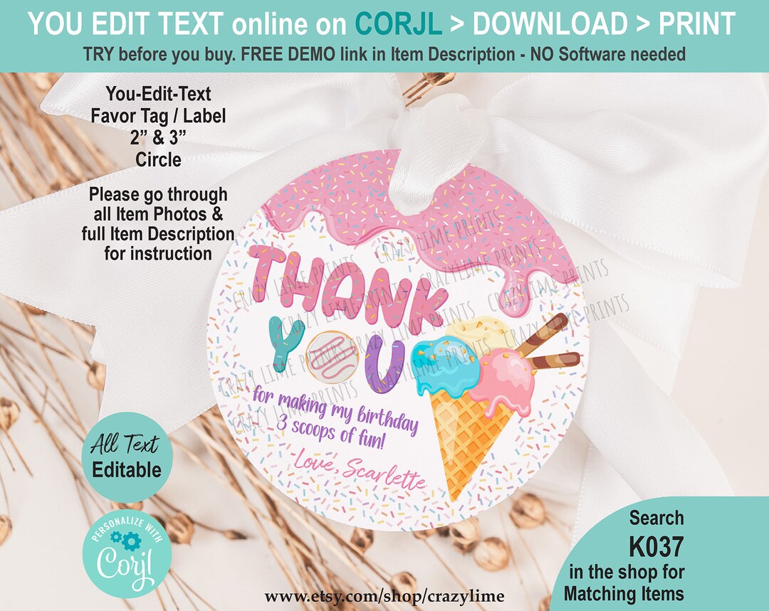 EDITABLE Ice Cream Party Favor Gift Tag. Thank You Round Label Goody ...