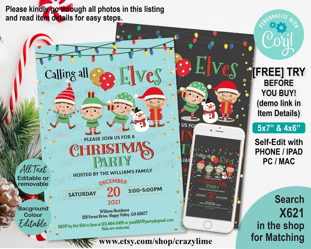 Elf Party Invitation EDITABLE Template. Kids Christmas Holiday Party ...