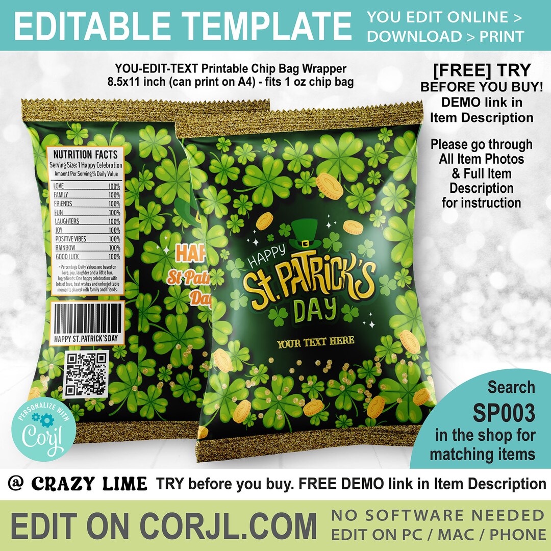 EDITABLE St Patricks Day Chip Bag Template. Saint Patrick's Party ...