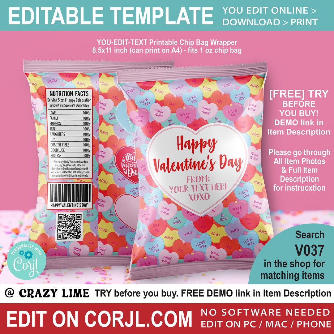 EDITABLE Happy Valentine's Day Chip Bag Template. Pastel Heart Candy ...