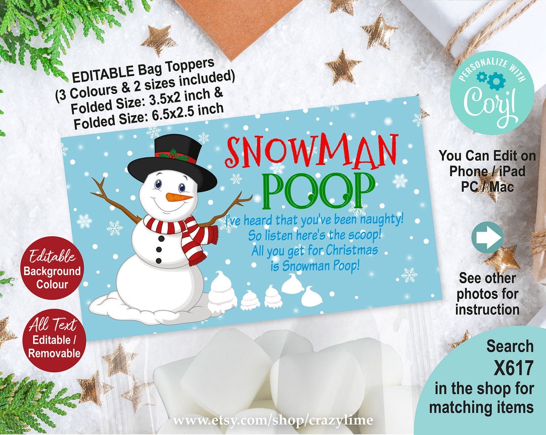 EDITABLE Snowman Poop Treat Bag Topper. Printable Template. Kids ...