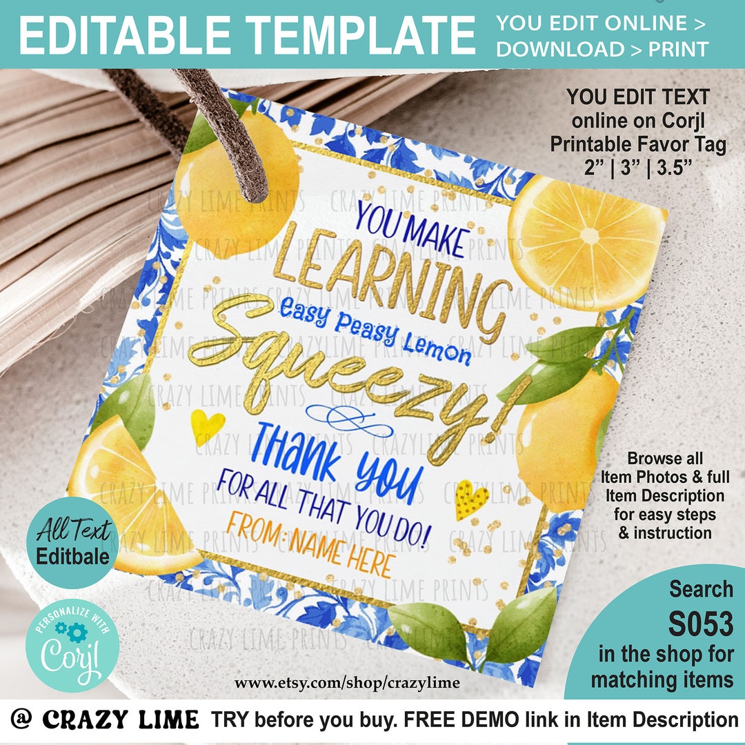 Lemon Lemonade Teacher Appreciation Gift Tag EDITABLE Template ...