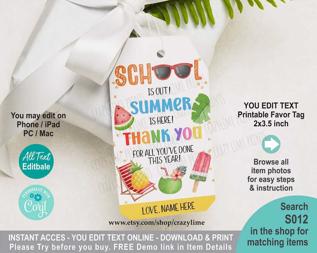 School is Out Summer Gift Tag. End of School Year Holiday Vacation Last ...