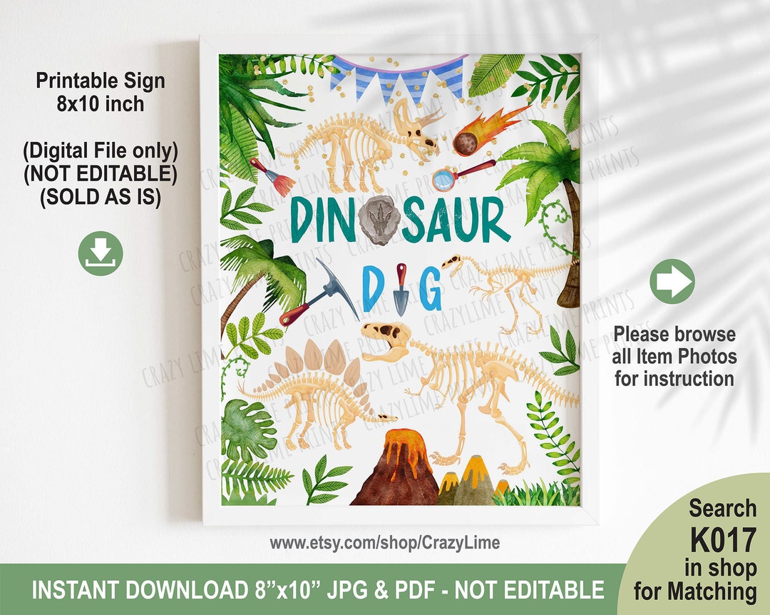 Dinosaur Party Dig Site Sign. Boy Kid Cute Dino Birthday Party Game ...