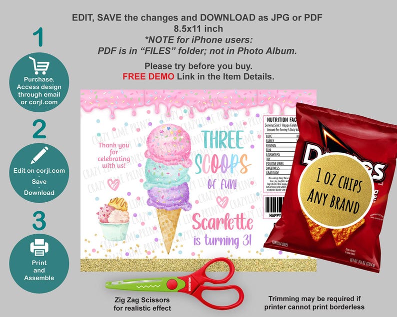 EDITABLE Three 3 Scoops of Fun Party Favors Bundle Set of 5 Templates ...