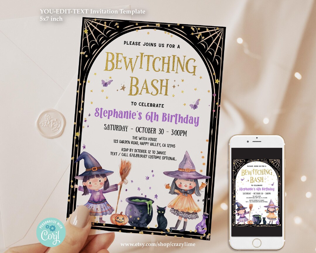 EDITABLE Bewitching Halloween Birthday Invitation. Cute Witch Girl ...