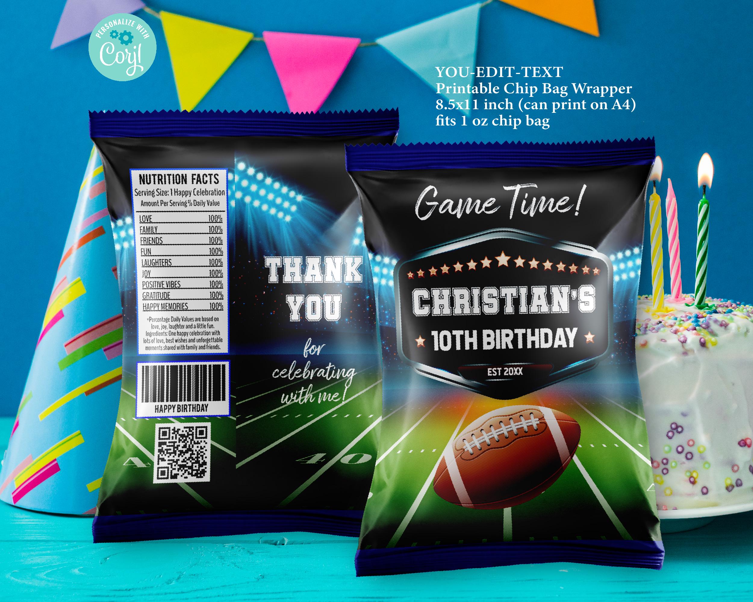 EDITABLE Football Chip Bag Wrapper. Kid Birthday Party Favors Treat ...