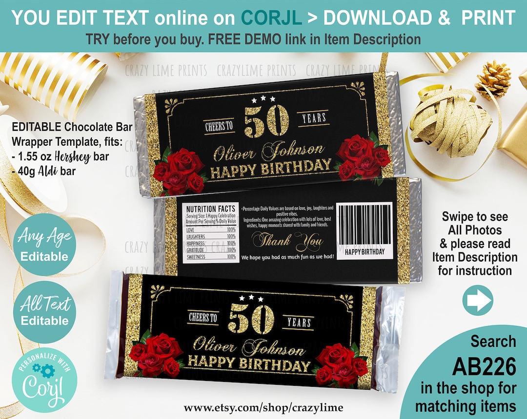 Red Rose and Gold Birthday Chocolate Candy Bar Wrapper Editable ...